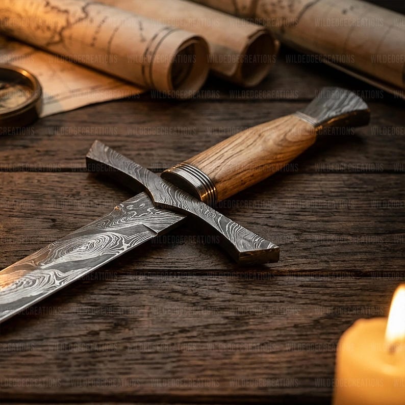 Hand-forged Damascus Steel Sword | Olive Wood Handle, Leather Sheath - Etsy