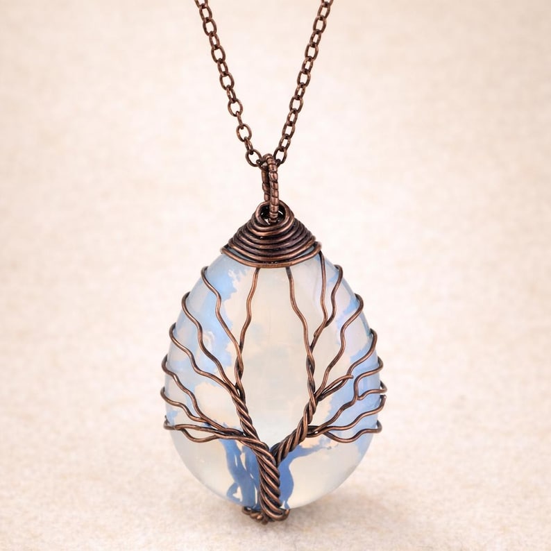 Wire Wrapped Tree of Life Gemstone Necklace, Teardrop Pendant - Etsy