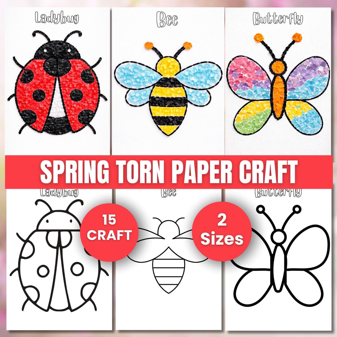 Spring Torn Paper Craft Printable, Ladybug Bee Butterfly Craft Template ...