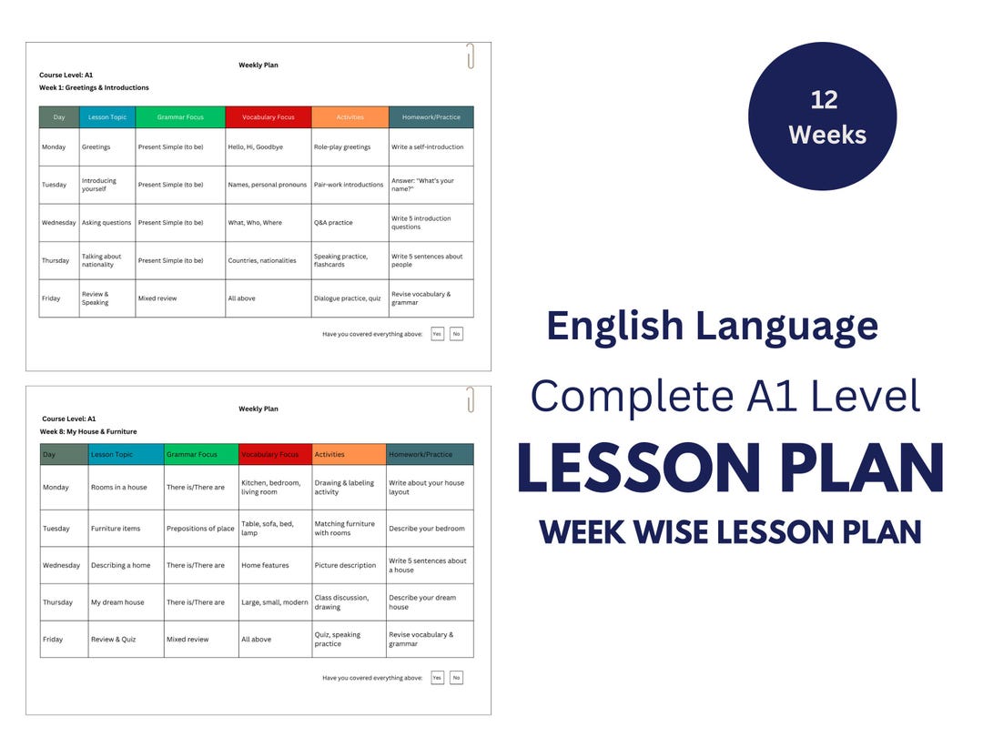 A1 Level English Lesson Plan – 12-week Curriculum + Weekly Lesson Plans ...