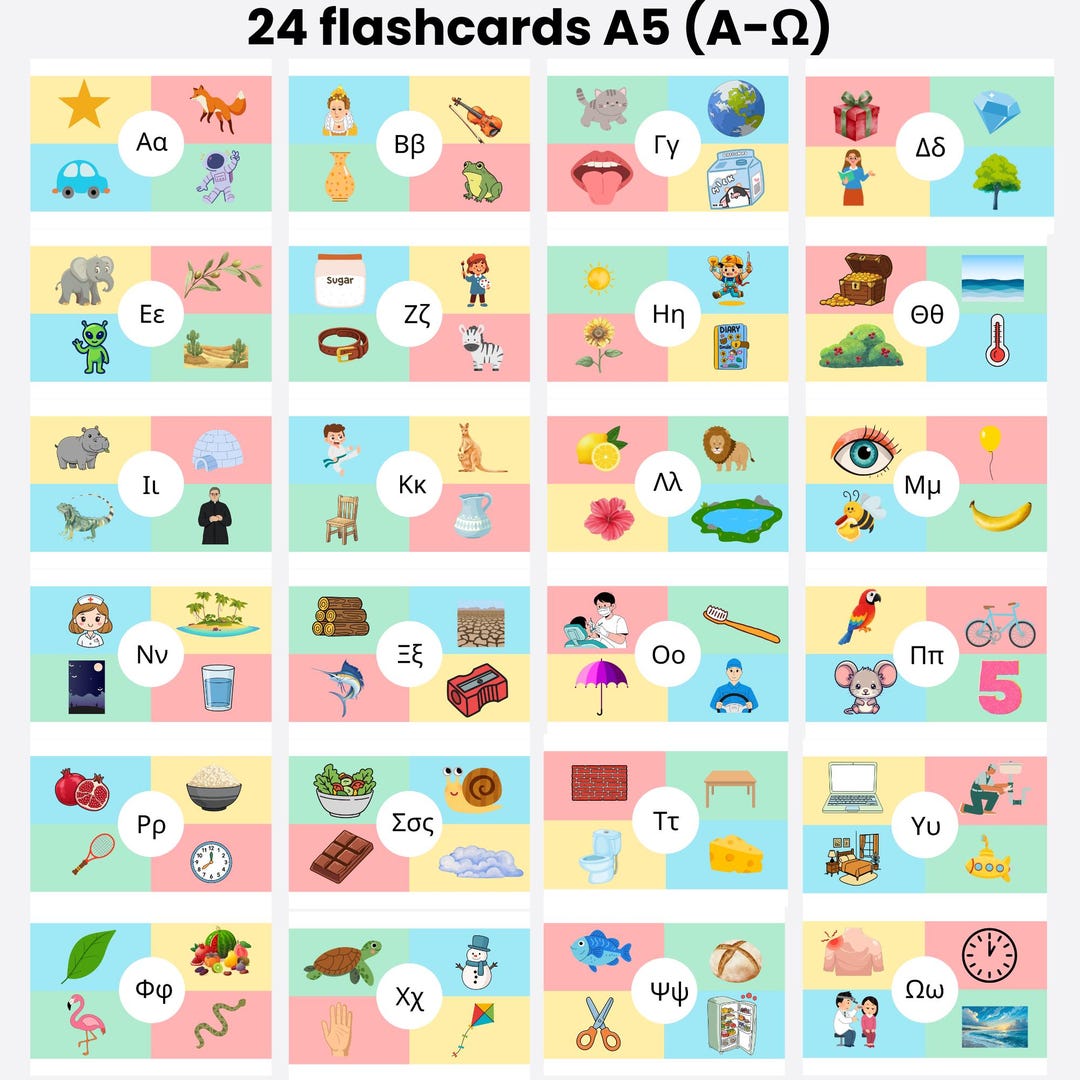 Greek Alphabet Flashcards • 24 A5 Printable Cards • Vocabulary Builder ...