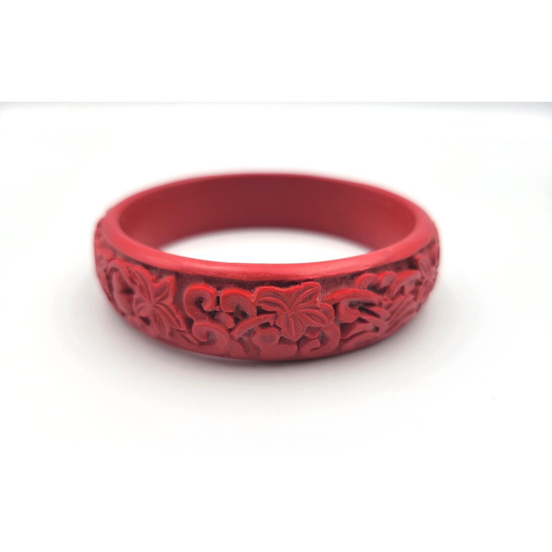 Vintage Chinese Red Carved Cinnabar Bangle Bracelet Flowers & Leaves ...