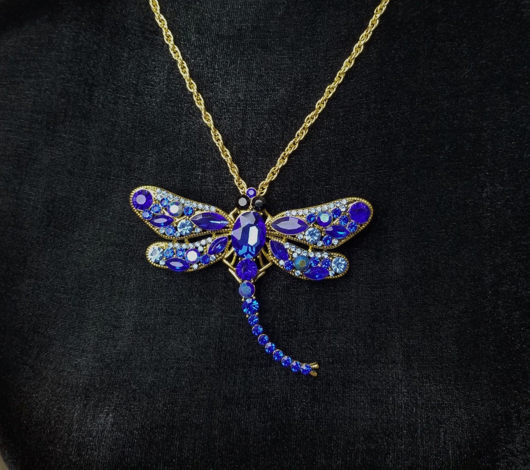 Vintage Kenneth Lane Dragonfly Pendant Necklace: Blue Rhinestone Brooch ...