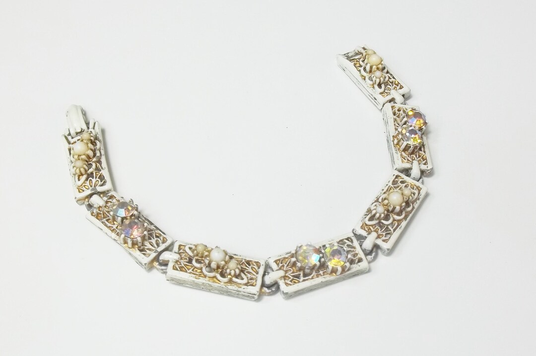 Signed Coro Vintage Bracelet, White & Gold Accented French Style ...