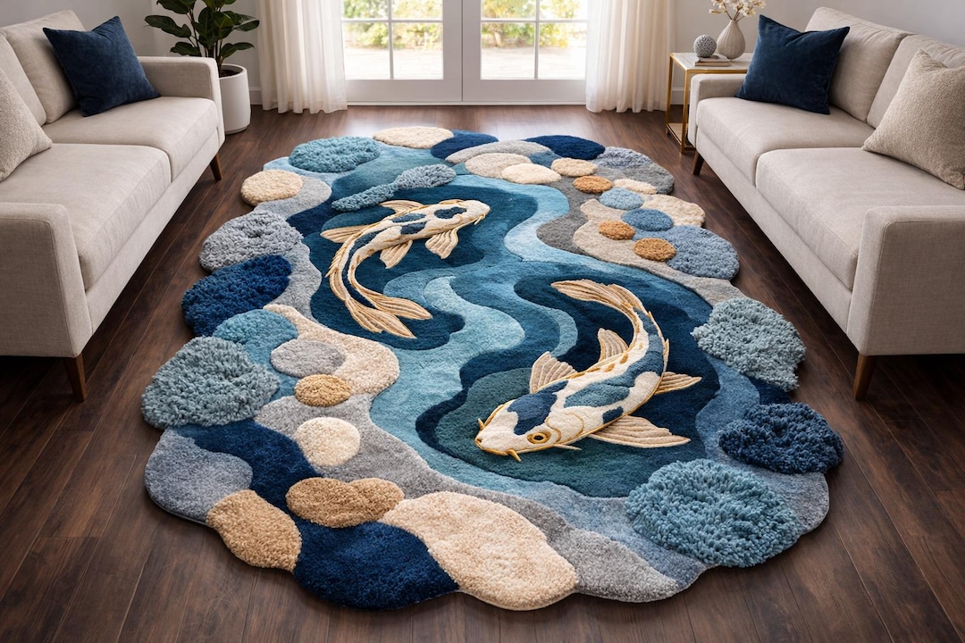 Koi Fish Area Rug, 3D Pebble Edge Ocean Theme Carpet, Custom Size - Etsy