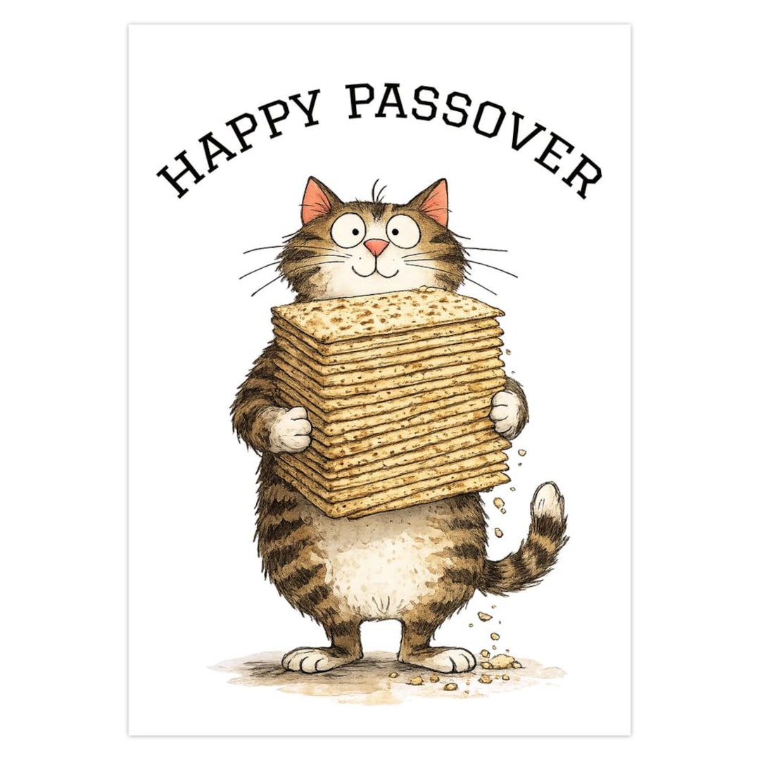 Happy Passover - Cat Holding A Stack of Matzah | Greeting Card | Blank ...