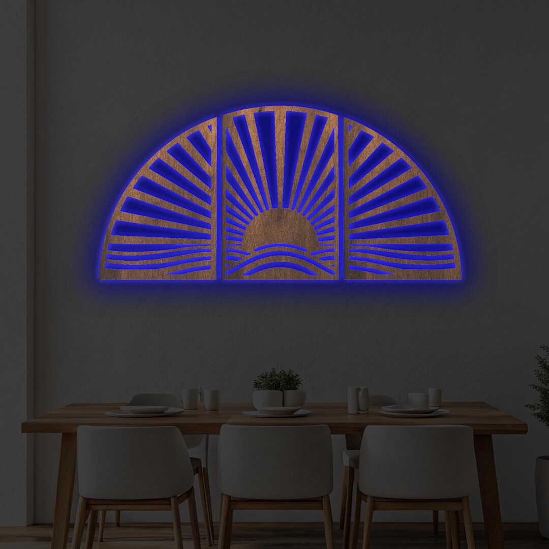 LED Backlit Sunburst Wood Wall Art, Lighted Wooden Sun Wall Decor ...