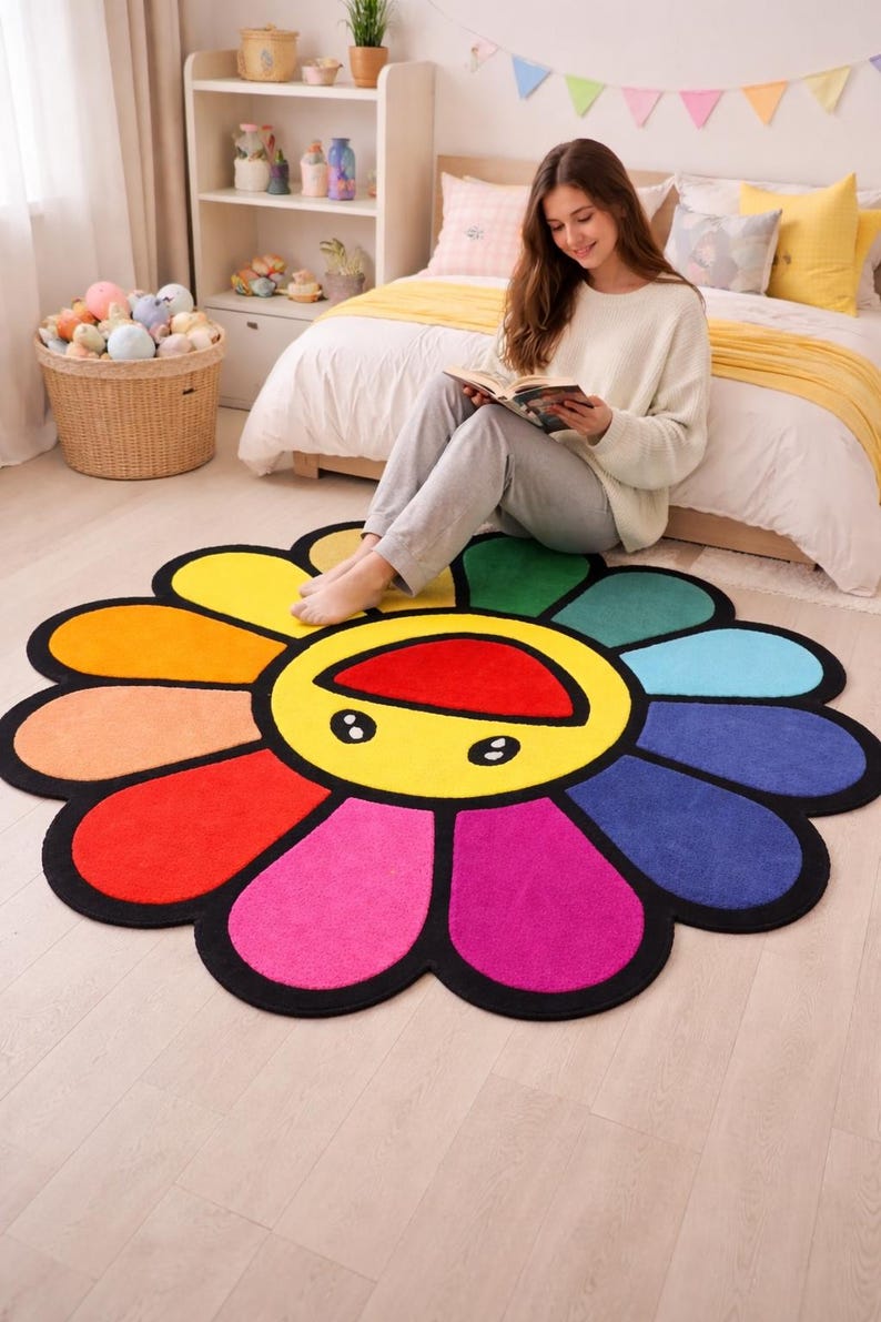 Round Murakami Rainbow Colourful Flower Hand Tufted Smiley Funky Daisy ...