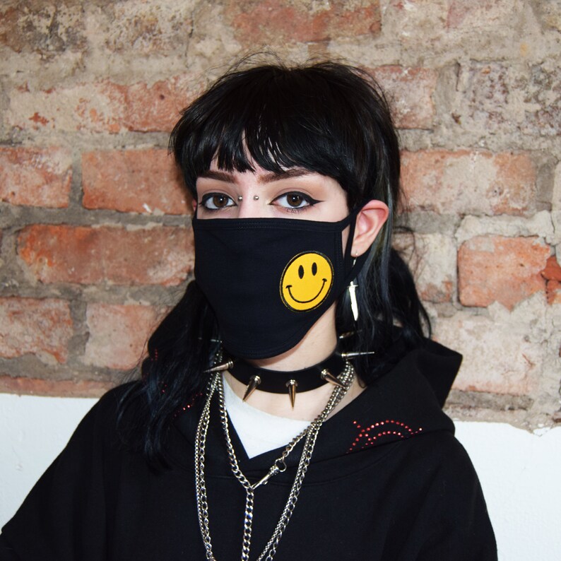Yellow Smiley Face Black Face Mask // Customised Cotton Face | Etsy