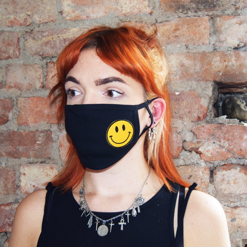 Yellow Smiley Face Black Face Mask // Customised Cotton Face | Etsy