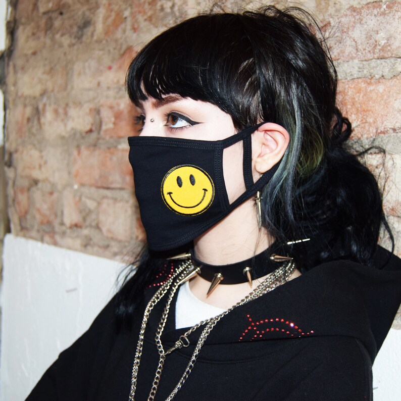 Yellow Smiley Face Black Face Mask // Customised Cotton Face | Etsy