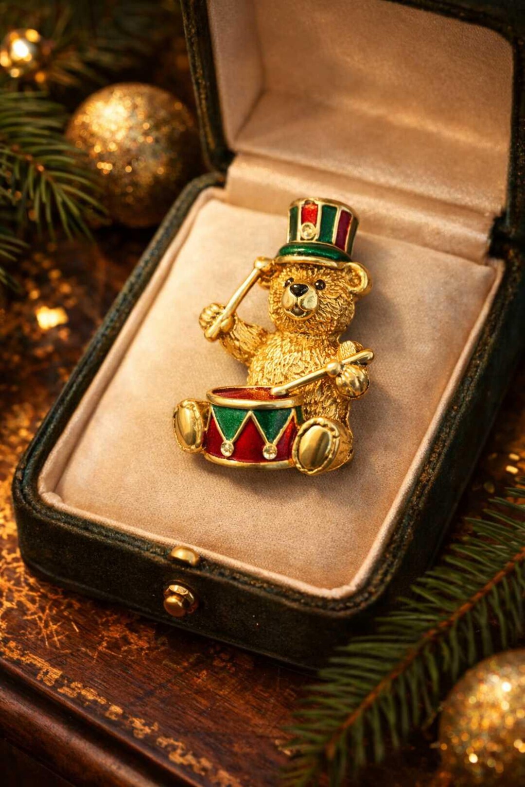 Vintage Christopher Radko Teddy Bear Drummer Christmas Brooch Gold Tone ...