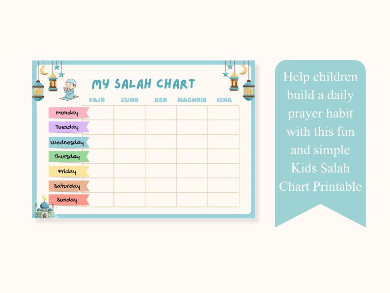 Kids Salah Prayer Chart Printable | Islamic Daily Prayer Tracker for ...