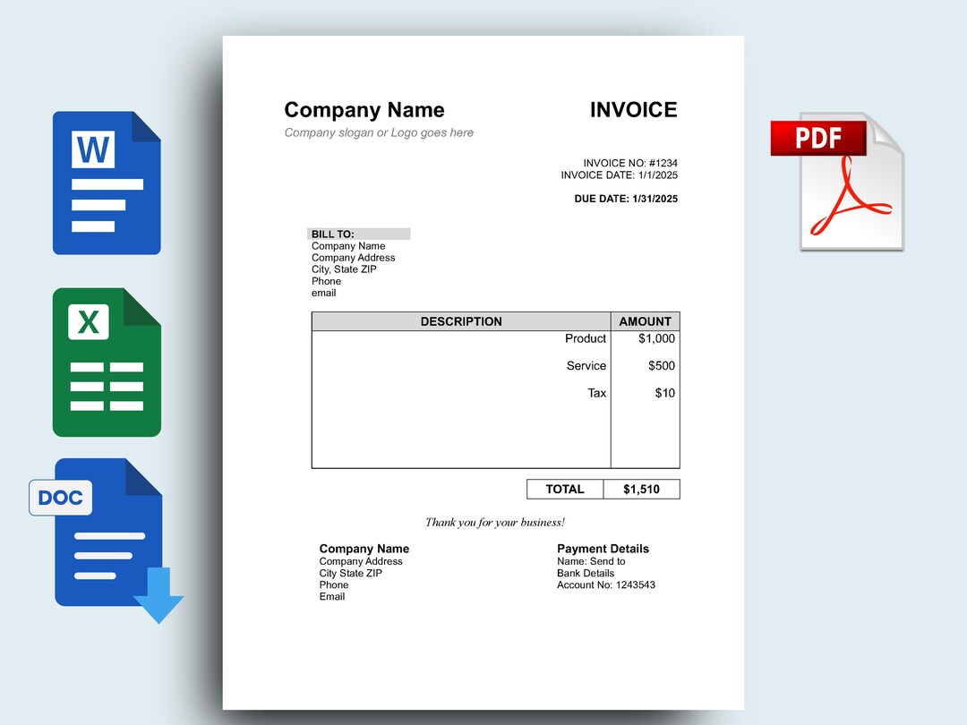 Editable Invoice Template, Printable Custom Form (google Docs, Excel ...