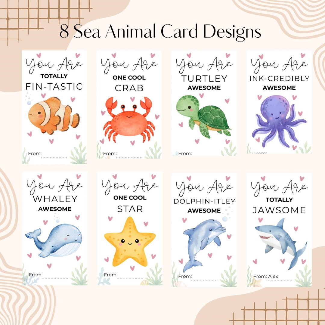 Sea Animal Valentine Card Bundle | Ready to Print | Printable Classroom ...