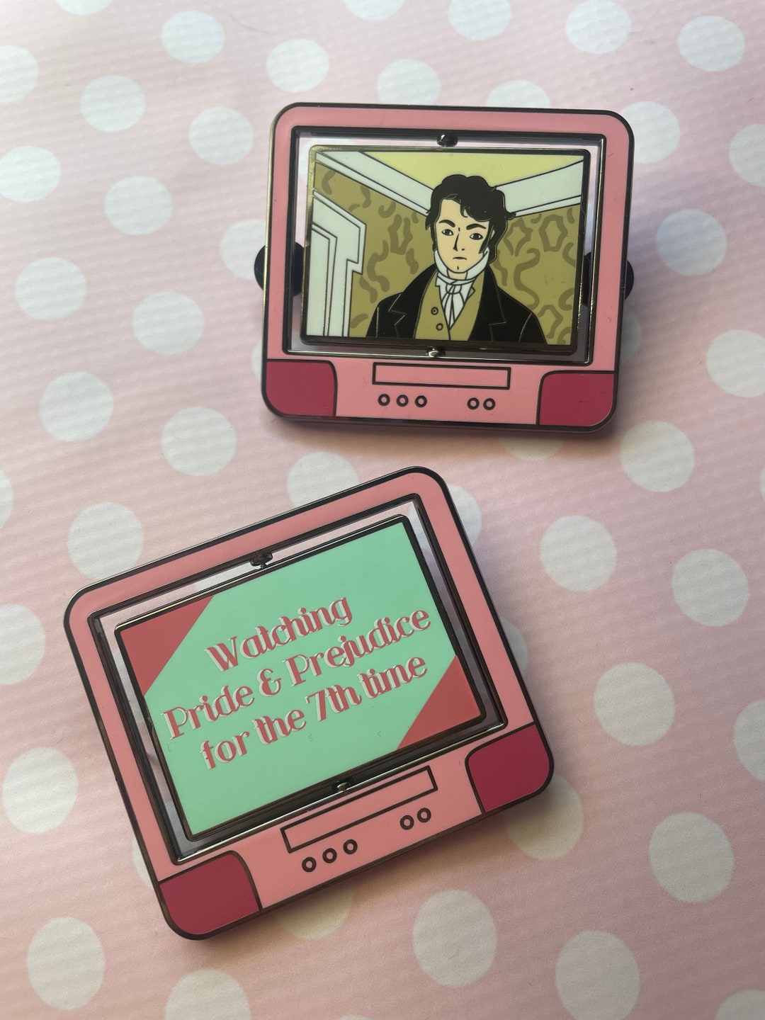 Pride and Prejudice Spinning Pink TV Pin - Etsy