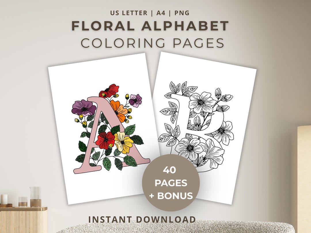 Floral Alphabet Coloring Book | Relaxing Botanical Letter Coloring ...