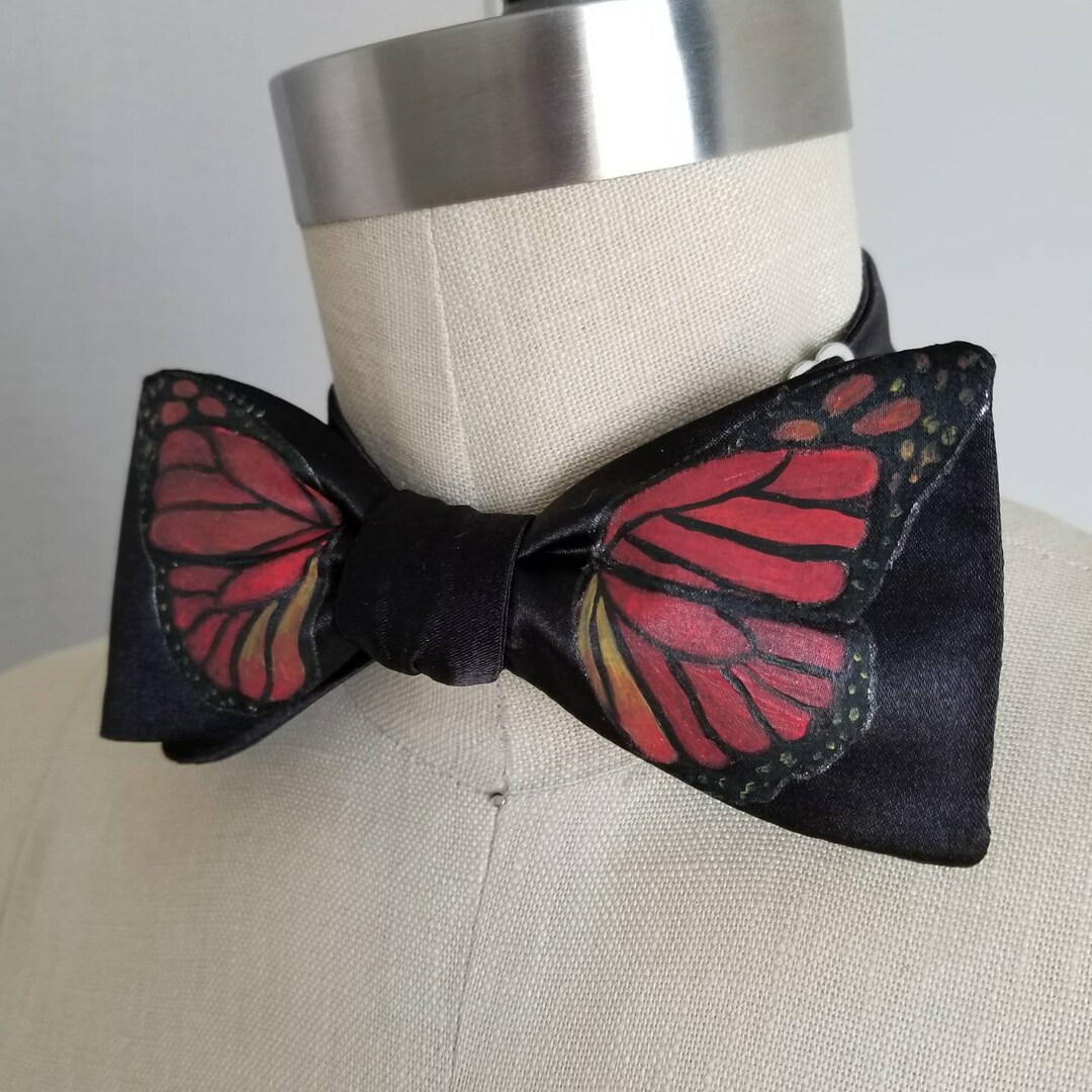 Hand-painted Monarch Butterfly Bow Tie: Black Satin, Self-tie or Pre ...