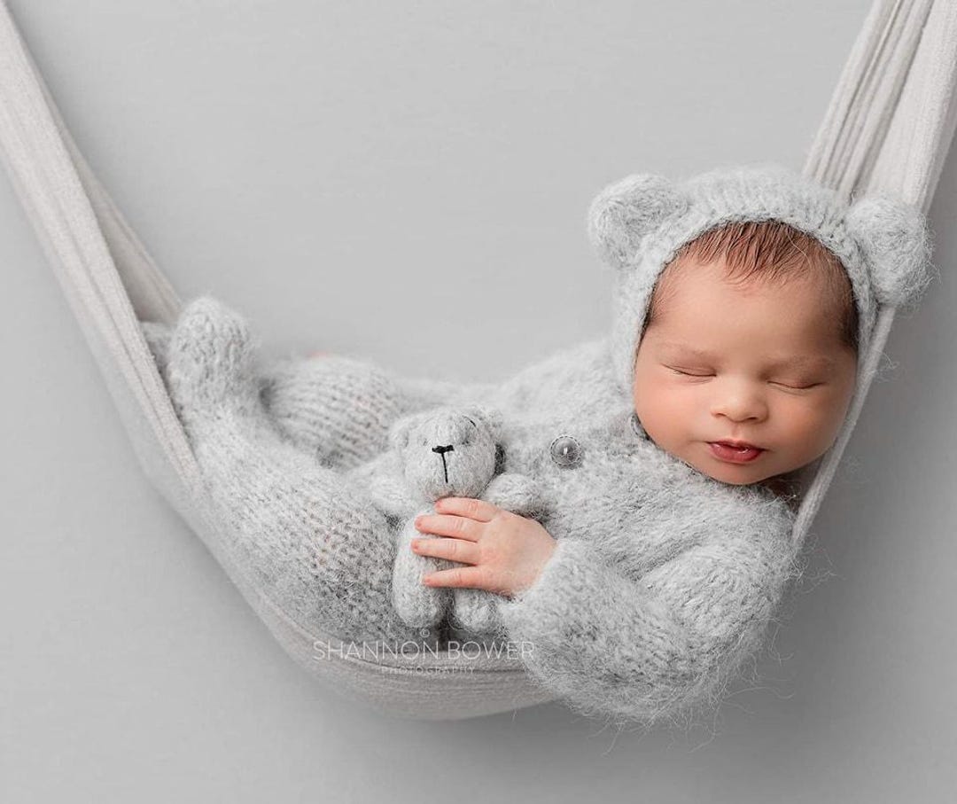 Handknit Newborn Sleeper Outfit: Wool Blend Photo Prop With Pom Hat - Etsy