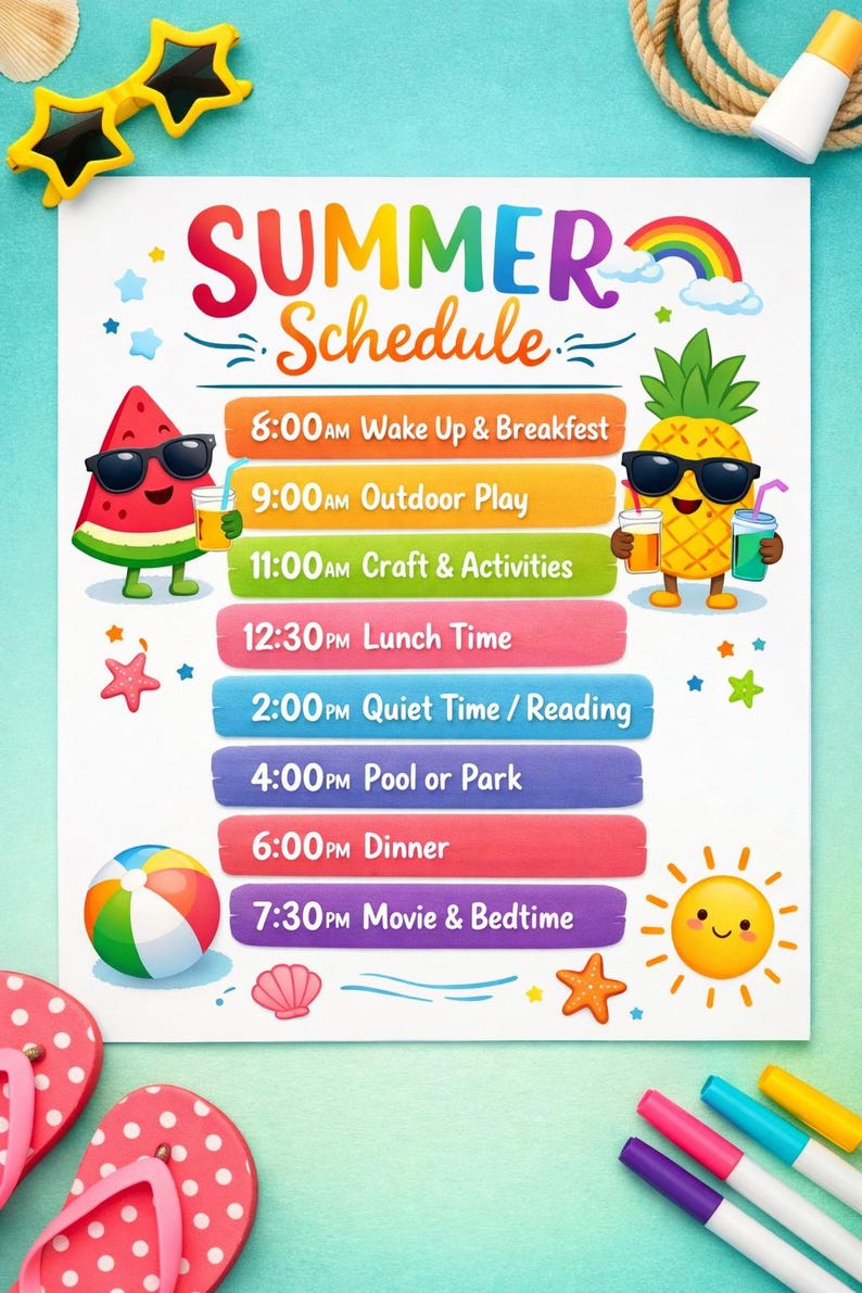 Editable Kids Summer Schedule | Daily Routine Chart | Watermelon ...