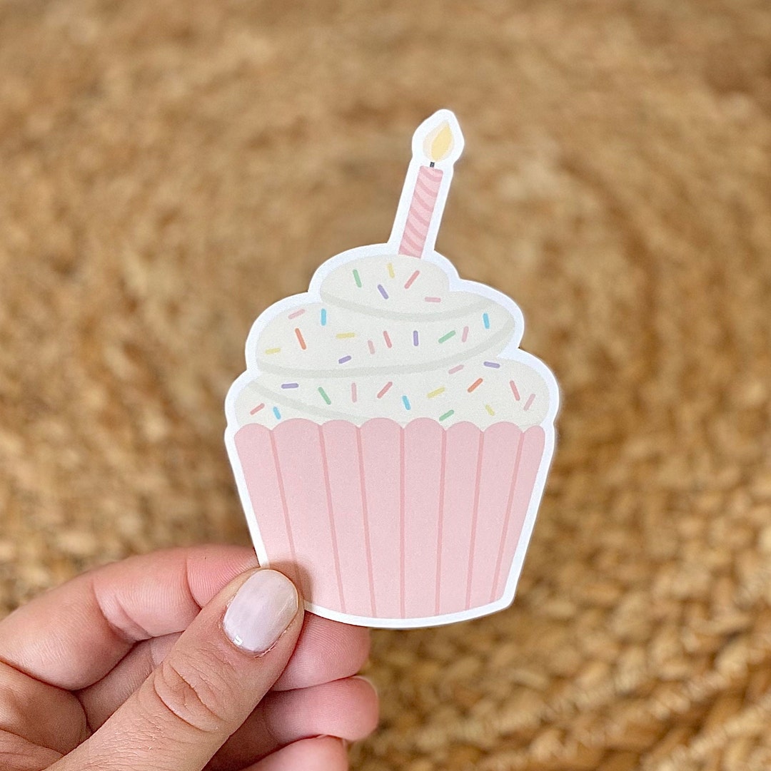 Birthday Cupcake Sticker, Pink Sprinkle Cupcake With Birthday Candle ...