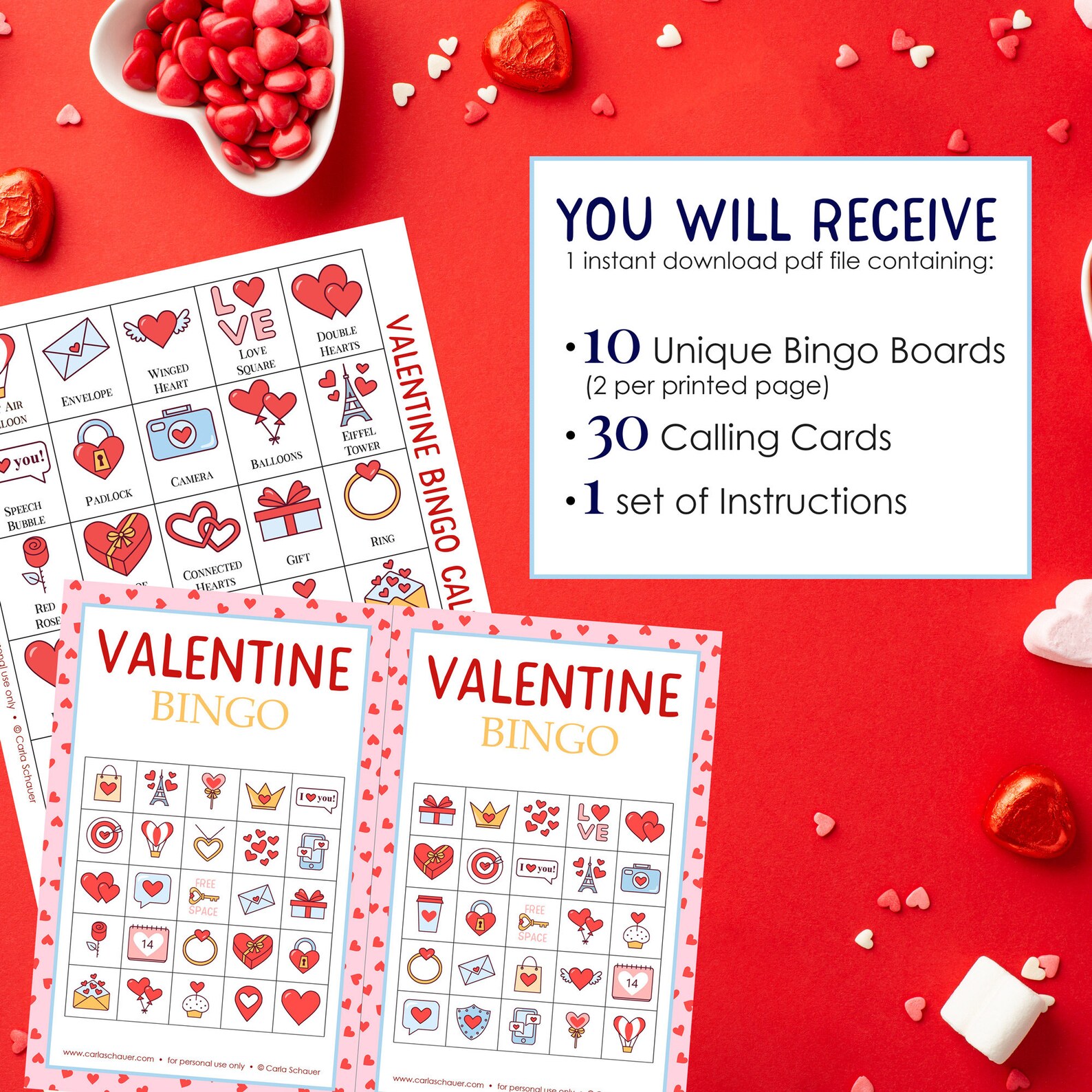 Printable Valentine's Bingo Game Cards, 10 Cards, 5x5, Valentine's Day ...