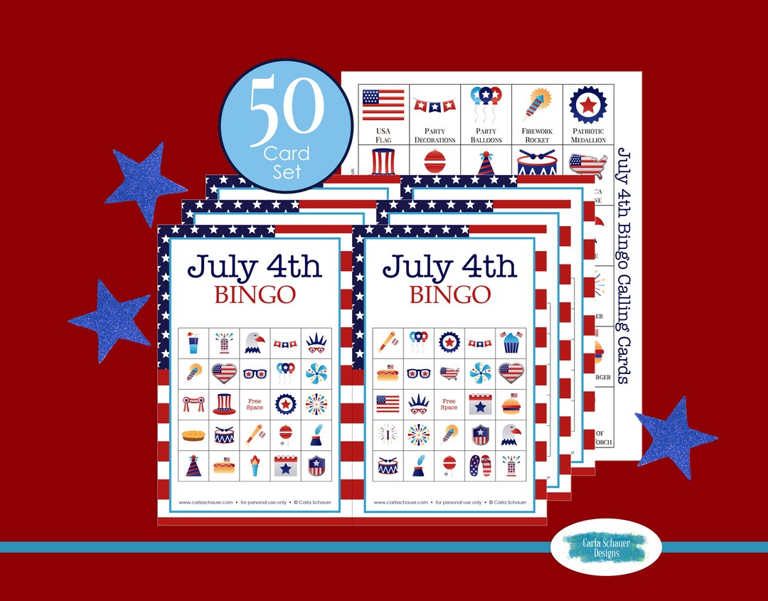 Printable July 4th Bingo Boards, 50 Cards Set, Independence Day Game ...