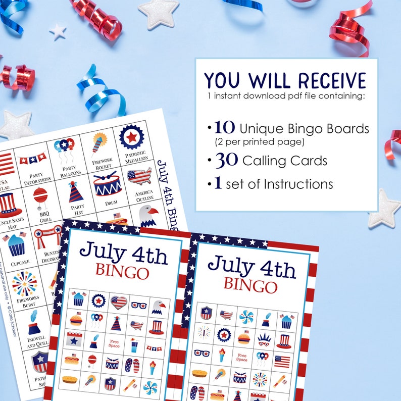 Printable July 4th Bingo Game Cards, 10 Cards, 5x5, Fun Independence ...