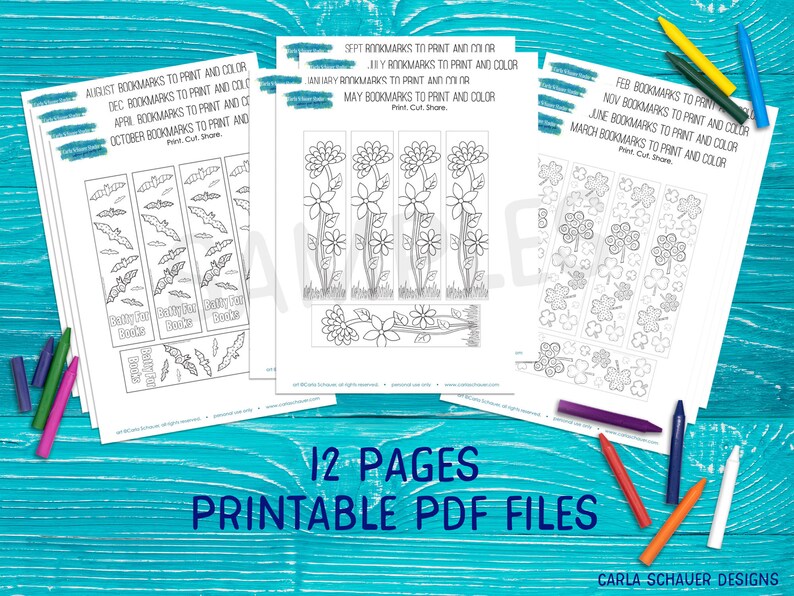 Monthly Printable Coloring Bookmarks, 12 Themed Bookmarks, Year of ...