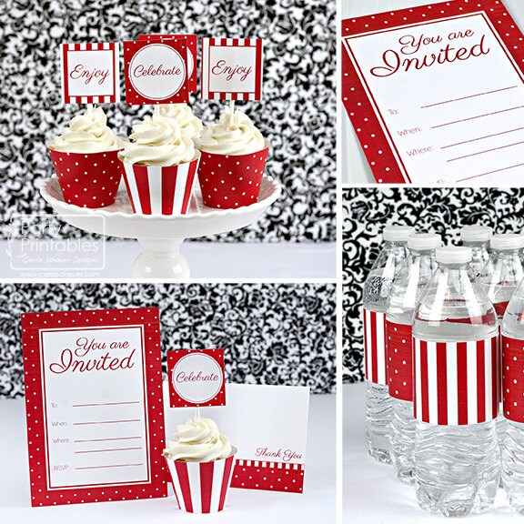 Red Stripes & Dots Printable Party, DIY Party Kit Birthday, Holiday ...