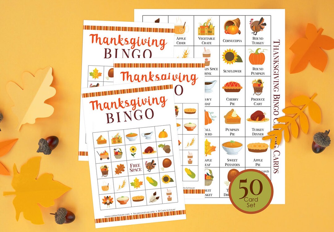 Printable Thanksgiving Bingo Boards, 50 Cards Set, Autumn Game for Kids ...