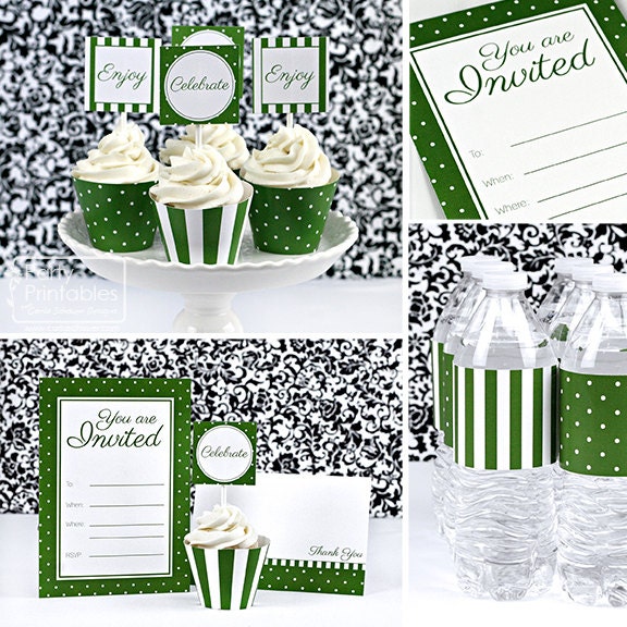 Green Stripes & Dots Printable Party, DIY Party Kit Birthday, Holiday ...