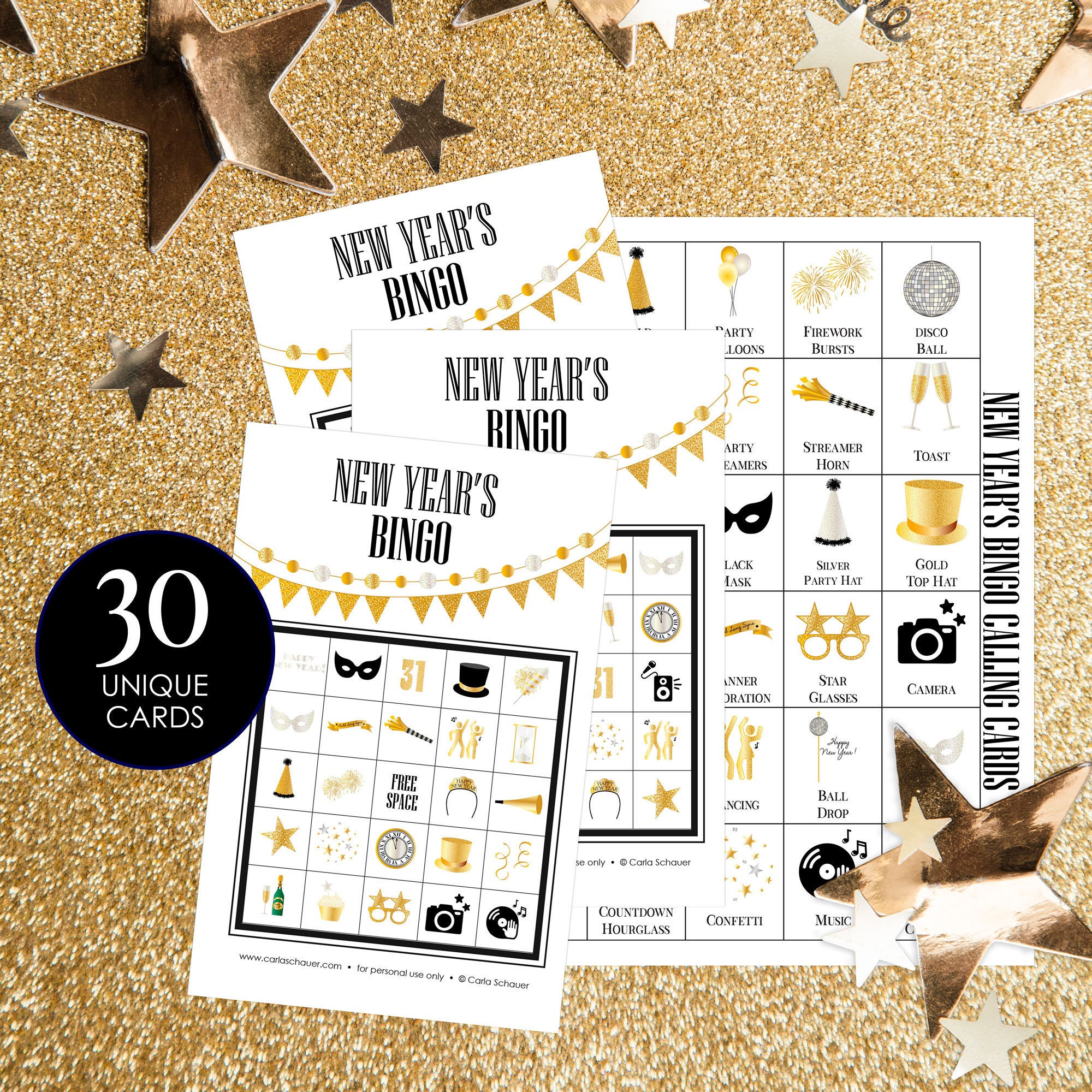 30 Printable New Year's Bingo Sheets, New Year's Eve Party Activity ...