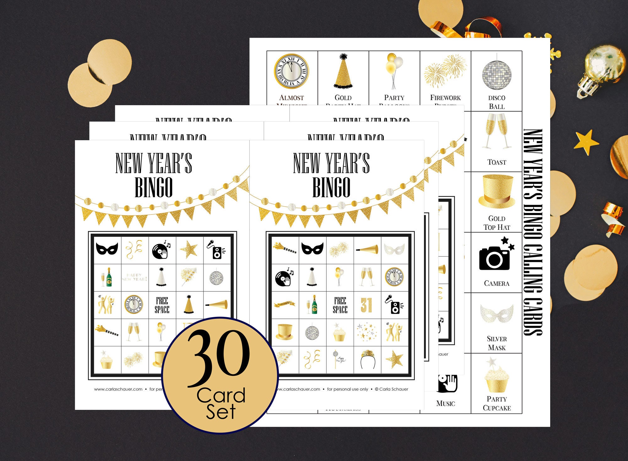 30 Printable New Year's Bingo Sheets, New Year's Eve Party Activity ...