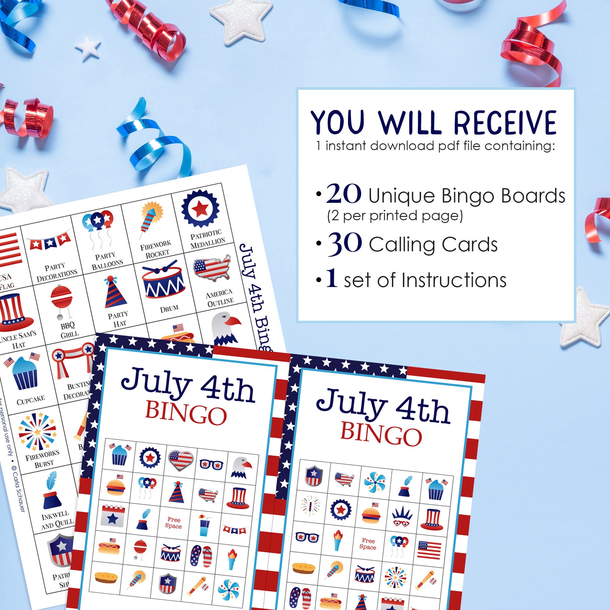 Independence Day Bingo Cards, 20 Printable Bingo Boards, July 4th ...