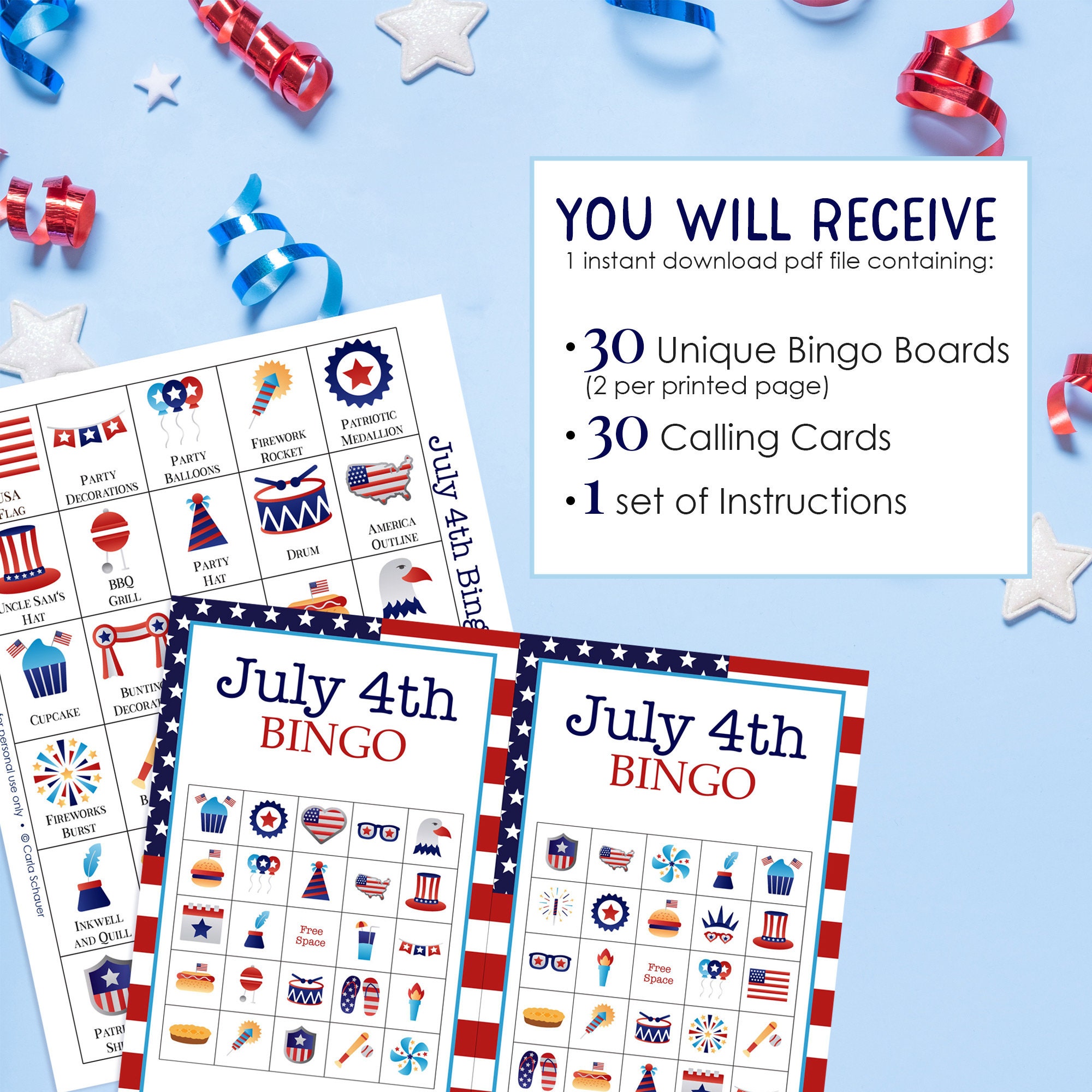 30 Printable 4th of July Bingo Sheets, Patriotic Bingo Game for ...