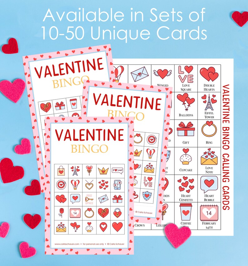 Printable Valentine's Bingo Game Cards, 10 Cards, 5x5, Valentine's Day ...