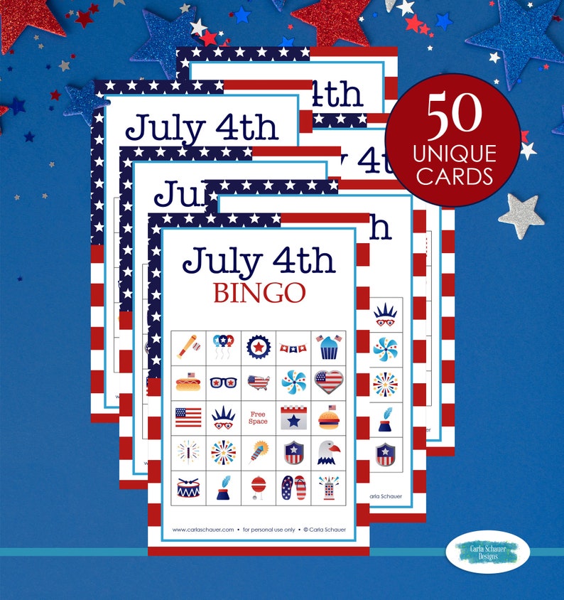 Printable July 4th Bingo Boards, 50 Cards Set, Independence Day Game ...