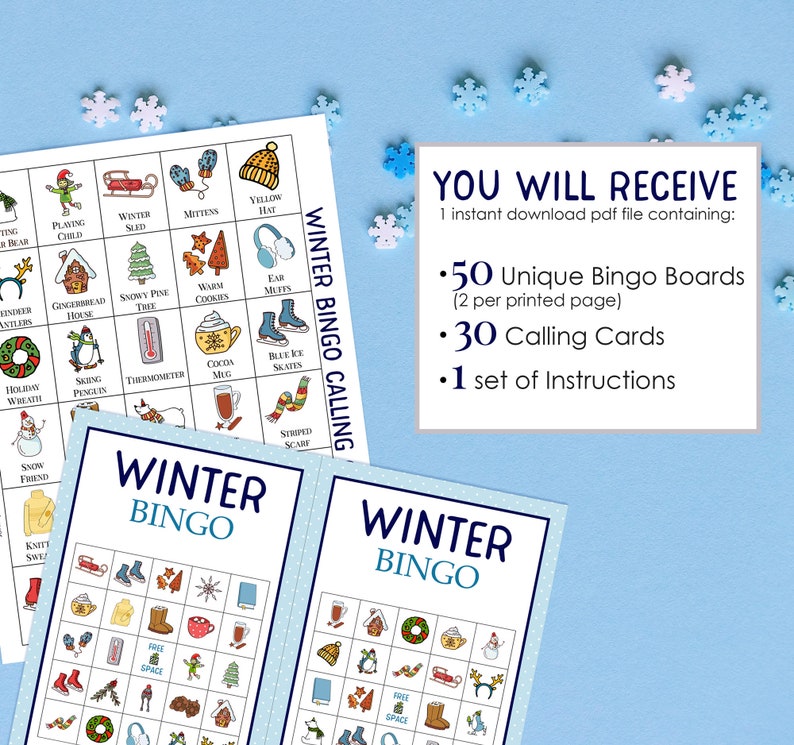 Printable Winter Bingo Boards, 50 Cards Set, Winter Game for Kids ...