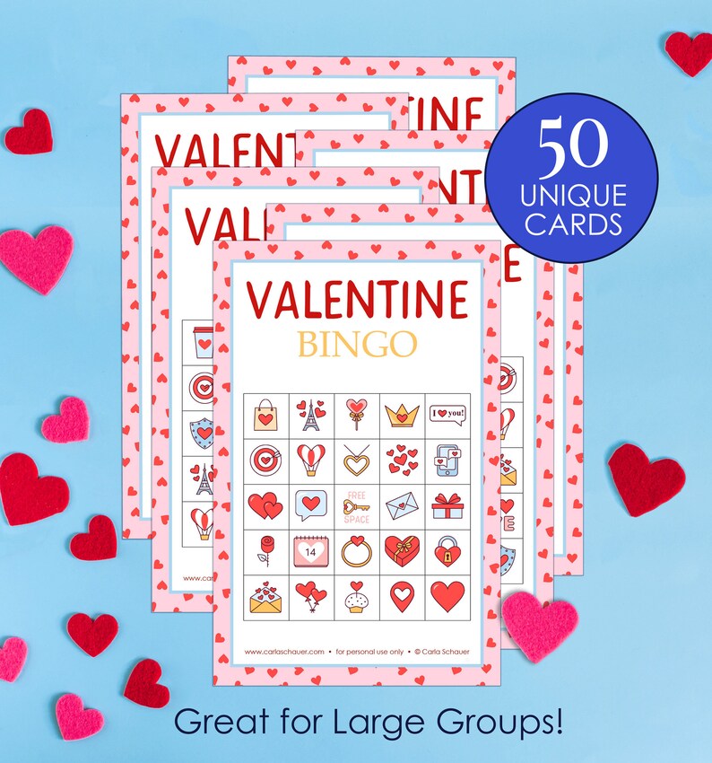 Tableros de bingo imprimibles del Día de San Valentín, juego de 50 ...