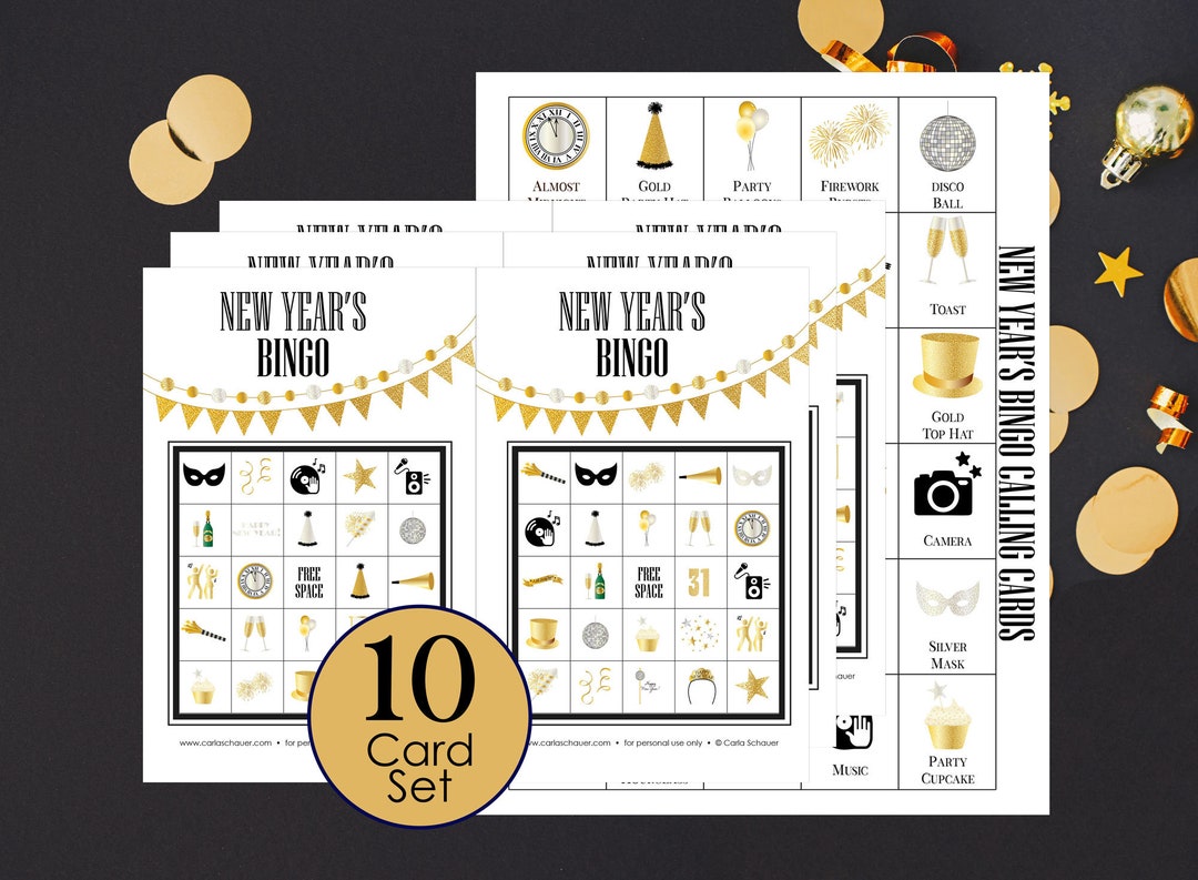 Printable New Year's Bingo Game Cards, 10 Cards, 5x5 Bingo, New Year ...