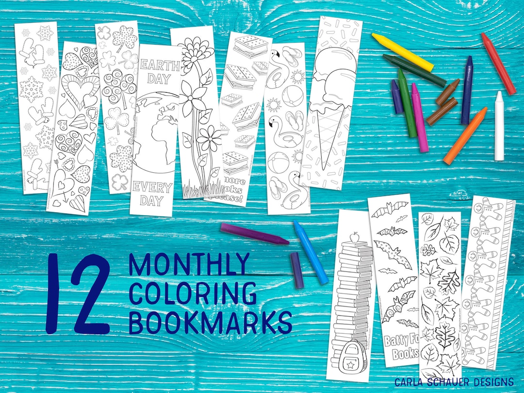 Monthly Printable Coloring Bookmarks, 12 Themed Bookmarks, Year of ...