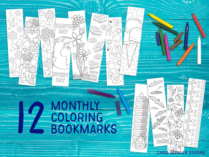 Monthly Printable Coloring Bookmarks, 12 Themed Bookmarks, Year of ...