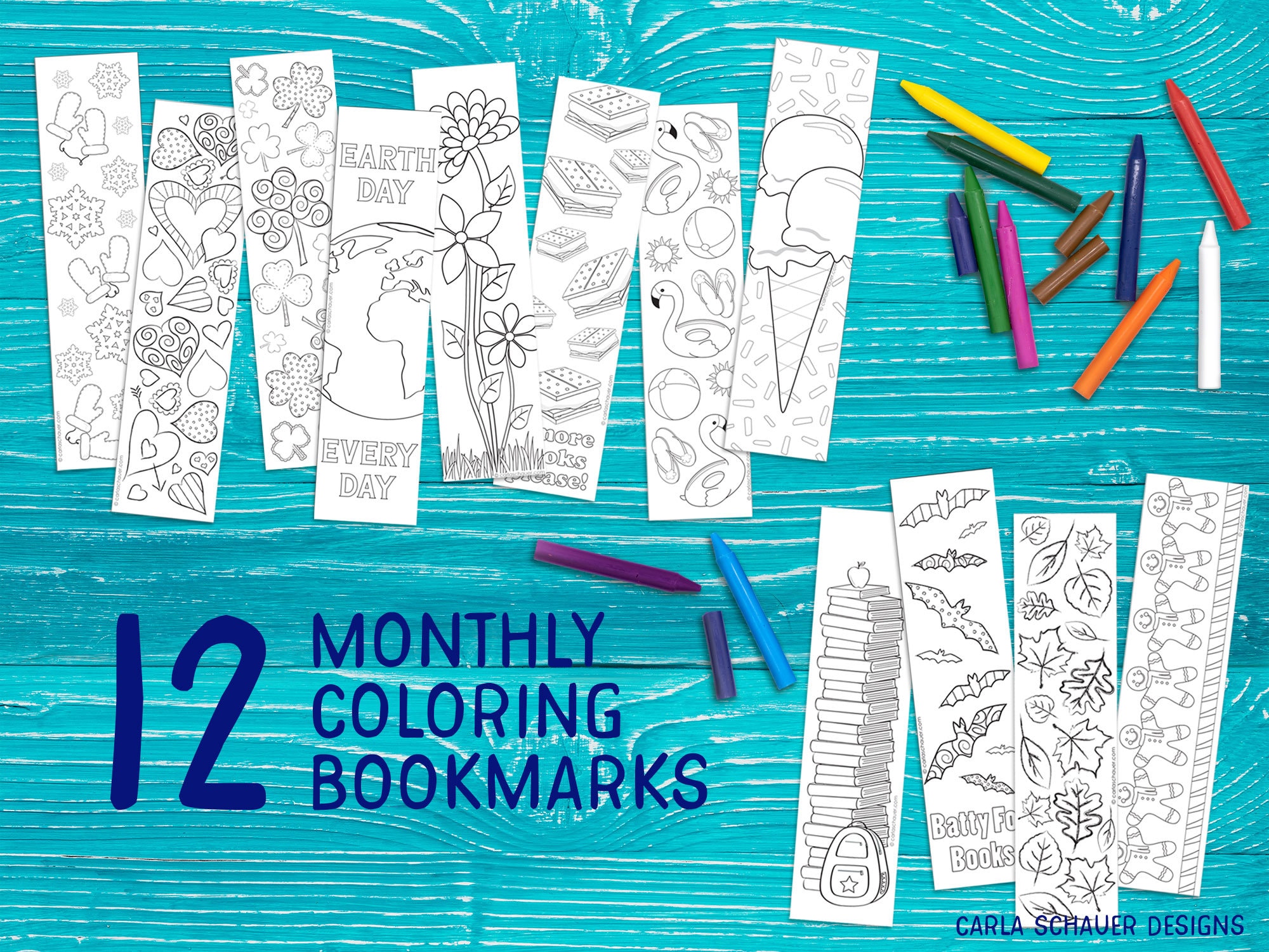 Monthly Printable Coloring Bookmarks, 12 Themed Bookmarks, Year of ...