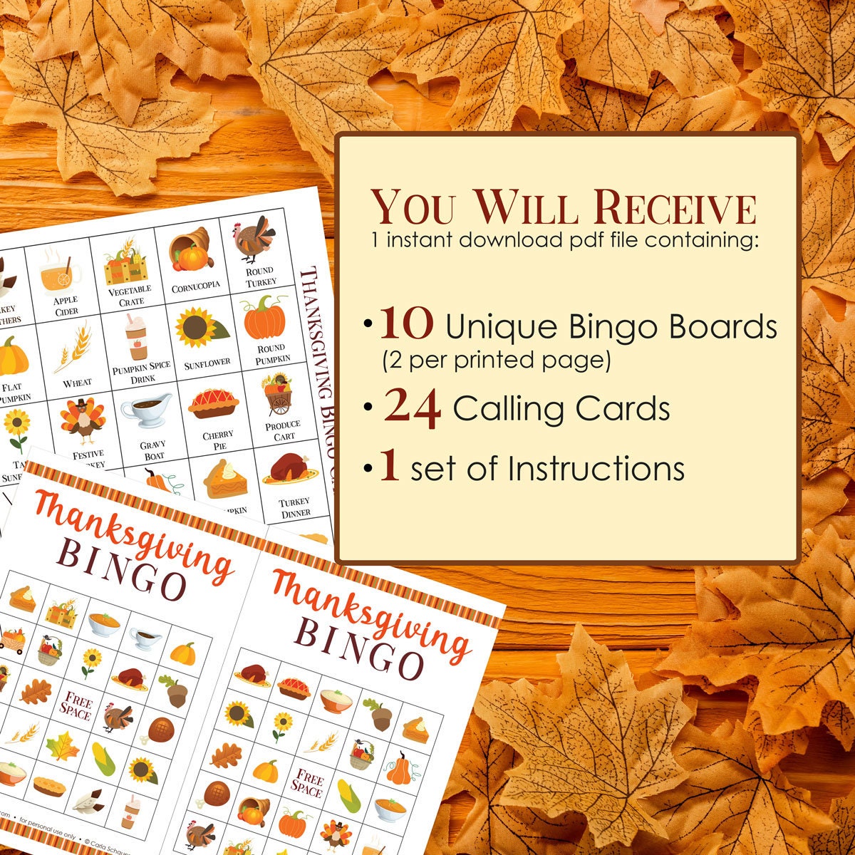Printable Thanksgiving Bingo Game Cards, 10 Cards, 5x5, Fall Game for ...