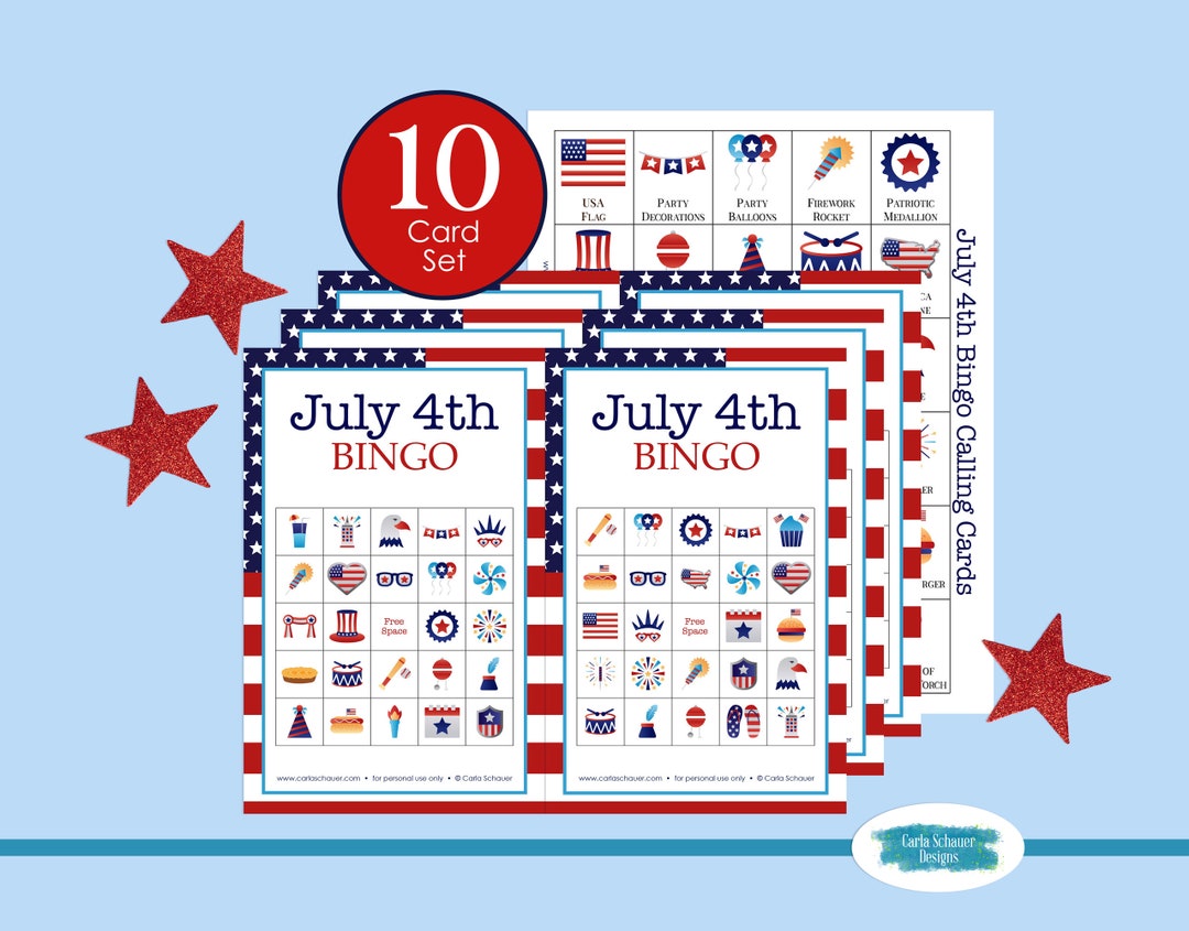 Printable July 4th Bingo Game Cards, 10 Cards, 5x5, Fun Independence ...