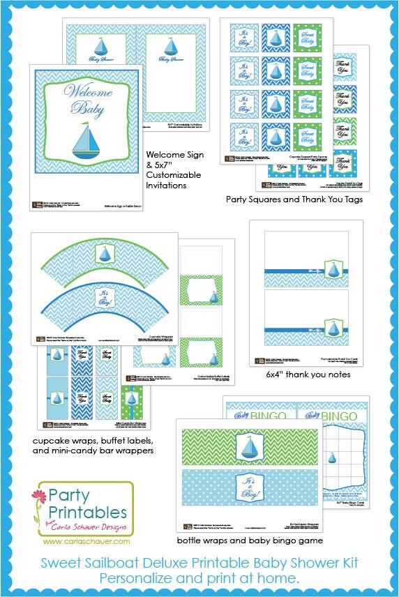 Blue Chevron Sailboat Baby Shower Printable Party Kit +editable ...
