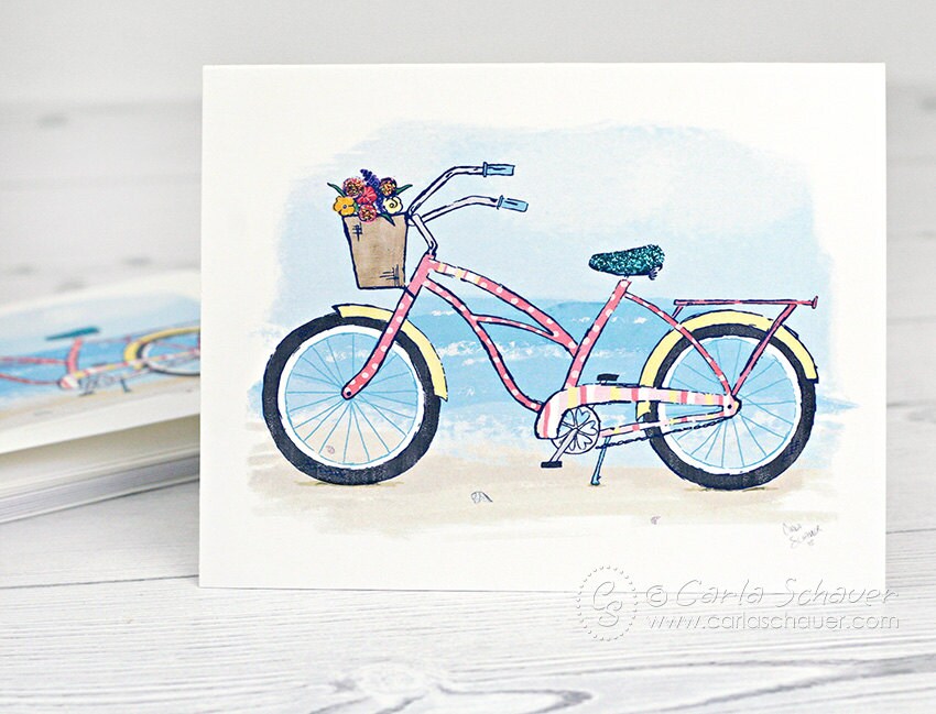 Beach Cruiser Bicycle Note Cards, Set of 6, Notecards Gift Set With ...