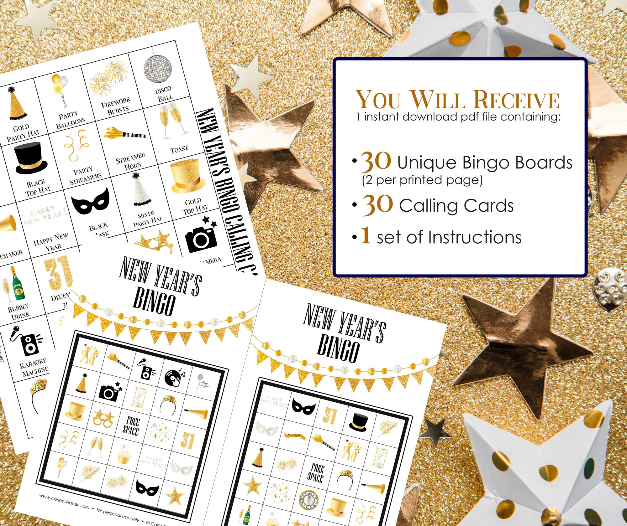 30 Printable New Year's Bingo Sheets, New Year's Eve Party Activity ...