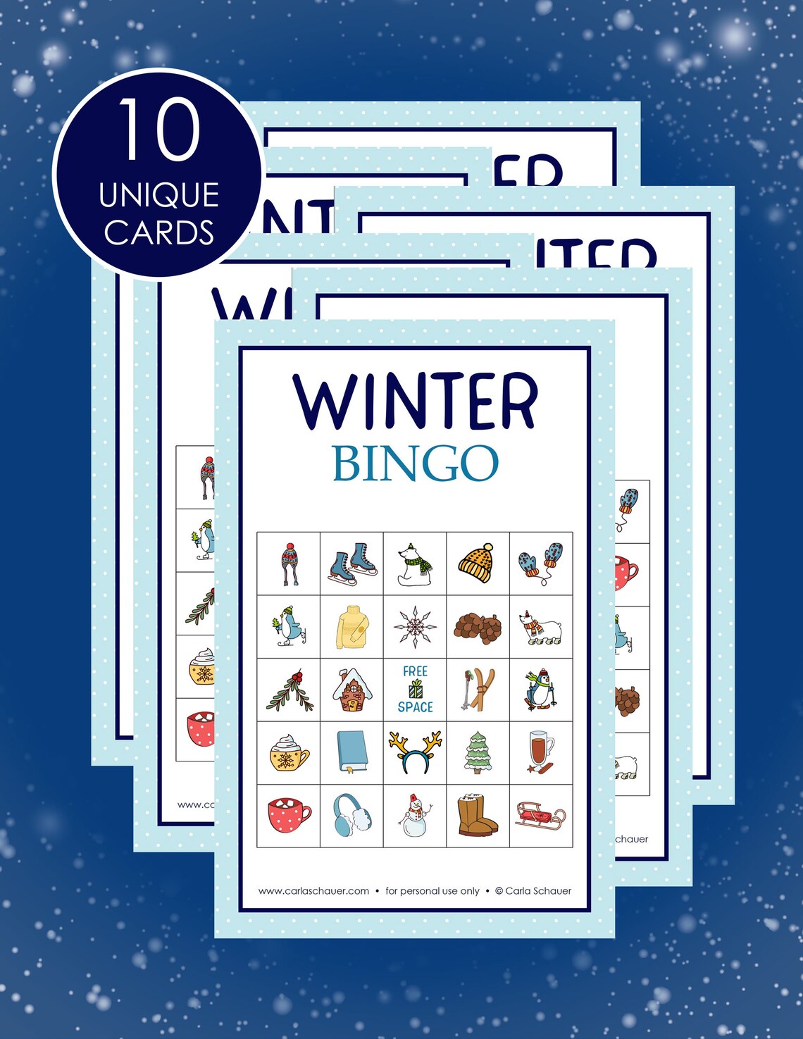 Printable Winter Bingo Game Cards, 10 Cards, 5x5 Bingo, Winter Game for ...